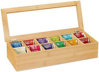 Relaxdays Teebox, Bambus, 12 Fächer, Teekiste mit Sichtfenster, Organizer für Teebeutel, HxBxT: ca. 9x41x16 cm, natur, Hellbraun