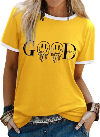 Dresswel Damen Good Vibes T-Shirt Smile Druck Tshirts Rundhals Kurzarm Oberteile Sommer Tops Tee Shirts