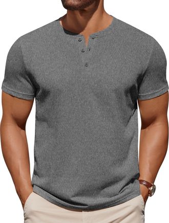 Coofandy T-Shirts für Herren Henley Shirt Kurzarm Männer Sommer T Shirt mit Knopfleiste Baumwolle Basic Tee Muskelshirt Dunkelgrau XXL