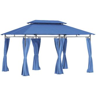 OUTSUNNY Tonnelle barnum 3 x 4 m 6 rideaux amovibles double toit m&eacute;tal &eacute;poxy polyester bleu