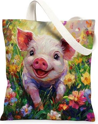 Generic Spring Pig Sac fourre-tout en toile pour faire du shopping 33 x 38,1 cm, sac d&eacute;picerie r&eacute;utilisable pour femme, motif animal, peinture de voyage, d&eacute;co
