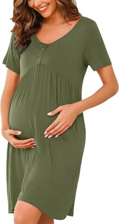 Ekouaer Nachthemd Stillen Geburt Umstandsnachthemd V Ausschnitt Mutterschaft Nachthemd Knopfleiste für Schwangere oder Stillende Frauen Umstandskleid