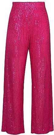 Generic Pantalon d&eacute;contract&eacute; &agrave; paillettes pour femme - Taille haute - Jambe droite - Couleur unie, rose vif, S