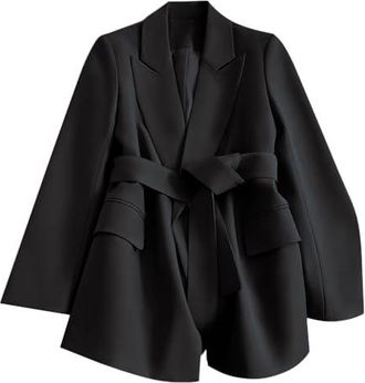 Minetom Blazer Femme &Eacute;l&eacute;gant Veste de Tailleur Costume Manches Longue Couleur Unie Bureau Affaires Manteau avec Ceinture A Noir XS