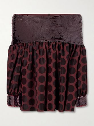 Dima Ayad Off-the-shoulder Sequin-trimmed Polka-dot Faille Blouse - Burgundy