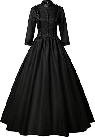 Generic Costume de reine m&eacute;di&eacute;vale pour femme, robe Renaissance, robe trap&egrave;ze &agrave; manches longues noire, robe trap&egrave;ze victorienne, Bellatrix Lestrange, sorci&egrave;re