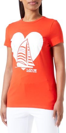 Love Moschino Slim fit Short-Sleeved t-Shirt in Stretch Cotton Jersey, Customized with Glitter Boat Print on Front