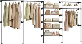 Woltu Kleiderstange Wandmontage, aus industriellen Metall Wasserrohren, Schwarz + Vintagebraun