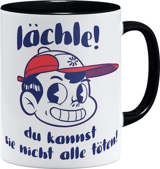OM3 L&auml;chle du kannst sie nicht alle t&ouml;ten Kaffee-Tasse mit Spruch - Keramik Becher - 11oz 325ml - Beidseitig Bedruckt - Schwarz