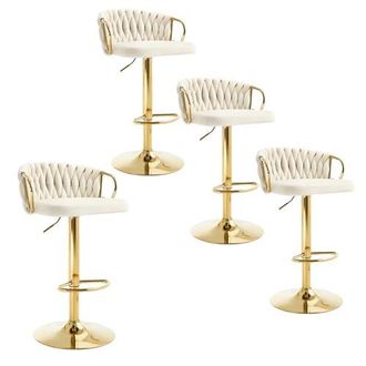 Woltu Lot de 4 Tabouret de Bar avec Dossier Tissé et Repose-Pieds, Tabouret Pivotant à 360°, Hauteur Réglable, Base Évasée en Métal, Crème, BH426cm-4