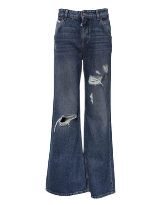 Dolce & Gabbana Womens Blue Cotton Wide Leg Tattered Denim Jeans Clothing