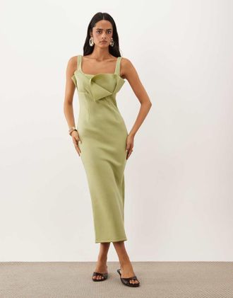 Asos Maxikleid im Bleistiftstil mit Corsage-Detail aus salbeifarbener Scuba-Optik-Gr&uuml;n