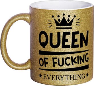 OM3 witzige Glitzertasse mit Spruch - Queen of Fucking Everything - Statement - Glitter Tasse - Keramik Becher - 11oz 325ml - Beidseitig Bedruckt - Gold