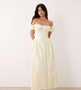 KAIIA Exklusives Maxikleid aus Baumwolle in Zitronengelb mit Milchm&auml;dchen-Ausschnitt, Puff&auml;rmeln und Faltenwurf der H&uuml;fte