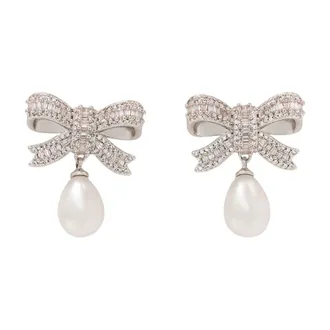 Self Portrait Womens Crystal Bow Pearl Droplet Earrings Self Portrait Metal Silver Jewelry-Watches
