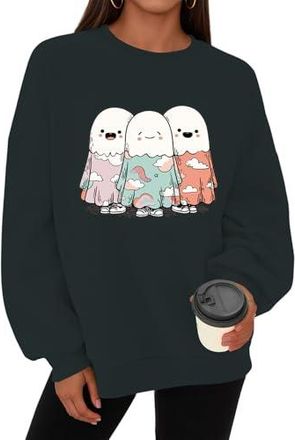 Generic Sweat-shirt dHalloween pour femme, sweat-shirt amusant &agrave; col rond pour Halloween | Chandail &agrave; &eacute;paules tombantes, gris fonc&eacute;, XXL