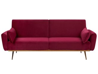 Beliani 3-Sitzer Schlafsofa Samt rot mit Kissen hohe Metallbeine kupfer Retro-Stil Eina