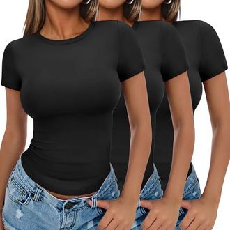 Ekouaer Lot de 3 T-Shirts Femme Manches Courtes Basiques Maillots de Corps dété à Col Ras du Cou Hauts Extensibles, Noir*3, S