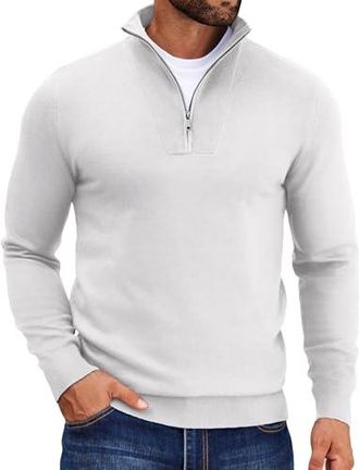 Coofandy Pull MiZip Col Montant Homme Pullover Tricoté Hiver Élégant Haut Décontracté Travail Blanc XL