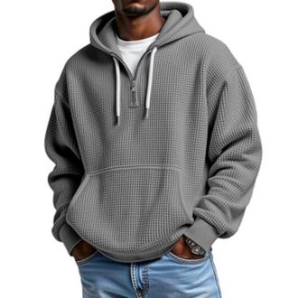 Generic Sweat &agrave; capuche pour homme en tricot gaufr&eacute; avec fermeture &eacute;clair quart de longueur, sweat &agrave; capuche tendance, d&eacute;contract&eacute;, ample, t-shirt &agrave; manches l