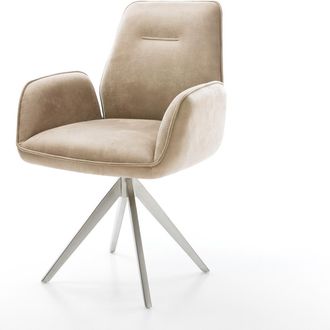 DELIFE Esszimmerstuhl Zoa-Flex Mikrofaser Beige Vintage Kreuzgestell kantig Edelstahl Taschenfederkern, Esszimmerst&uuml;hle
