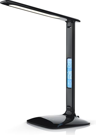 Brandson dimmbare LED Schreibtischlampe - Augenschutz - 3 Lichtfarben kalt warm neutralweiß 5 Helligkeitsstufen - Temperatur Alarm- und Kalenderfunktion - schw