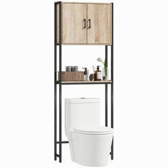 Kleankin M&ouml;bel &uuml;ber Toilette, Organizer &uuml;ber WC mit 2 T&uuml;ren, verstellbares Regal, offenes Regal, Badezimmerregal &uuml;ber WC f&uuml;r kleine R&auml;ume, 64 x 19 x 178 cm, na
