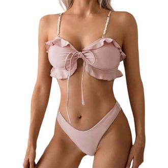 Generic Maillot de bain 2 pi&egrave;ces bikini triangle floral volants noeud papillon maillot de bain maillot de bain femme plage vacances vacances essentiels, rose,