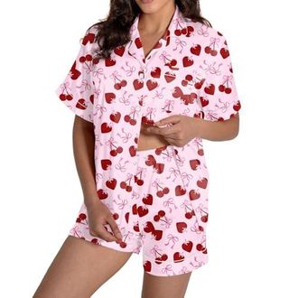 Generic Tenues deux pi&egrave;ces pour femmes de la Saint-Valentin 2026 pour femmes, ensemble short &agrave; manches courtes et col en V, rose, XXL
