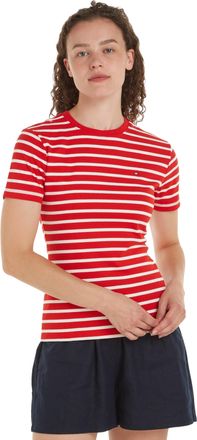 Tommy Hilfiger Damen T-Shirt Kurzarm New Slim Cody Rundhalsausschnitt, Mehrfarbig (Breton Fierce Red/Ecru), XXS