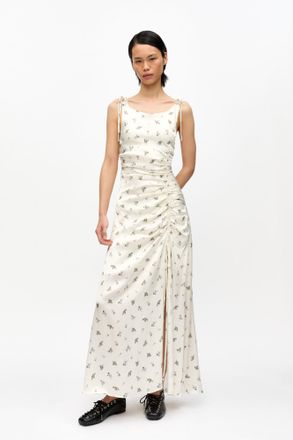 Ganni Robe froncée en satin à imprimé Blanc Élasthanne - Taille 34