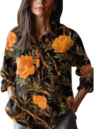 Generico Chemise Femme d&Eacute;t&eacute; &Eacute;l&eacute;gant Manches Longues Chemises en Lin Coton Curvy Respirant Chemisier Col en V Classique Blouse Vintage Fantaisie avec Boutons Do