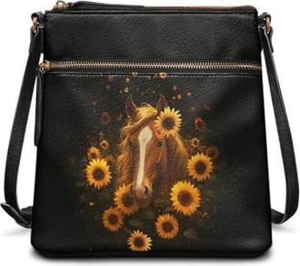 Coloranimal Sac &agrave; bandouli&egrave;re pour femme en cuir synth&eacute;tique l&eacute;ger avec sangle r&eacute;glable, Cheval tournesol