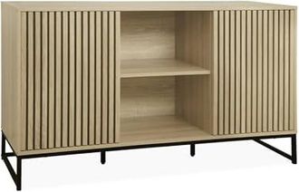 Sweeek Buffet Style Contemporain avec 2 Portes Effet Bois rainuré Ouverture par Pression. Buffet Bas. piètement en métal Noir L140cm