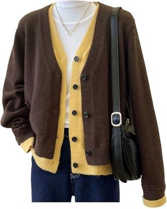 Generic Faux cardigan en tricot deux pi&egrave;ces pour femme - Couleur caf&eacute; - Col en V - Style paresseux - Manches longues - Haut court, Couleur caf&eacute; abricot, taill