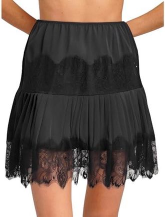 dPois Jupe Courte Femme Couleur Pure Vintage Taille &eacute;lastique Ourlet pliss&eacute; en Dentelle Jupe Demi Corps pliss&eacute;e &agrave; Volants Noir M