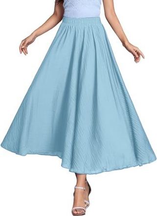 Generico Jupe longue en coton et lin boh&egrave;me pour femme taille &eacute;lastique longue fluide unie pour l&eacute;t&eacute;, la plage et les vacances, bleu clair, Medium