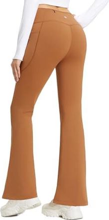 Baleaf Pantalon de yoga doublé en polaire pour femme avec 4 poches - Legging thermique évasé avec cordon de serrage - Taille haute, caramel, XS