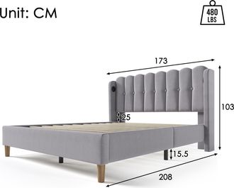 Generic Polsterbett Doppelbett mit USB-C Ladefunktion, gepolstertem Kopfteil und Lattenrost, modernes Komfortbettgestell für Schlafzimmer, Gästezimmer und Jug