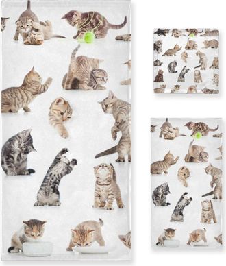 Mnsruu Katzen-Badet&uuml;cher 3er Set, lustige Katze K&auml;tzchen Duscht&uuml;cher Sets 1 Badetuch 1 Handtuch 1 Waschlappen f&uuml;r Badezimmer Strand Fitnessstudio