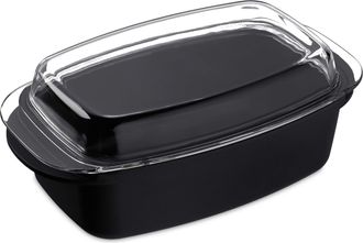 Relaxdays Bräter mit Glasdeckel, antihaftbeschichtet, Auflaufform, Aluguss Bräter, spülmaschinenfest, 39 cm, schwarz, 15 x 39 x 22 cm