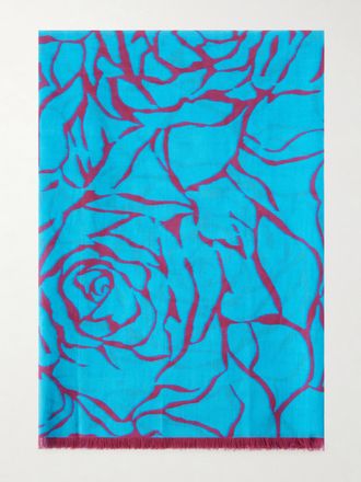 Dries Van Noten &Eacute;tole En Voile De Coton Imprim&eacute; &Agrave; Franges - Bleu