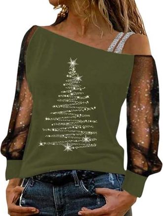 Generic Haut Femme Chic Chemisier Blouse &Agrave; Manches Longues Transparentes T-Shirt Paillettes Mode Mesh Chic &Eacute;paules D&eacute;nud&eacute;es Chemisier No&euml;l Haut Tops Pullover 