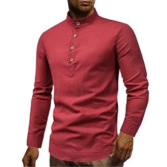 Generic Chemise en coton et lin &agrave; bouton 1/4 pour homme, chemise &agrave; col montant de couleur unie, chemises d&eacute;contract&eacute;es, chemises polyvalentes &agrave; manches longue