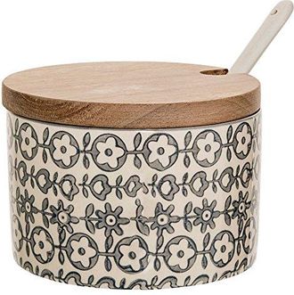 Bloomingville Pot &agrave; sel Karine avec couvercle et cuill&egrave;re - Pot &agrave; sucre r&eacute;tro vintage - Pot &agrave; confiture - Diam&egrave;tre : 10 cm - Gris - En c&eacute;ramique - Capacit&eacute; : enviro