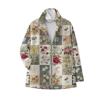 Keephen Colorblock/Floral 3D Impression Femmes Polaire Veste Automne Hiver Manteaux Flou Flanelle Bouton vers Le Bas Chaud Vêtement extérieur avec Poches