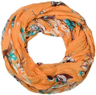 styleBREAKER Écharpe tube pour femmes avec imprimé coloré de papillons et de fleurs, écharpe froissée et plissée, foulard 01016013, couleur:Orange