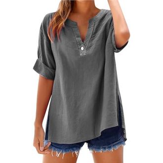 Generic Chemisier en mousseline pour femme oversize avec bords ouverts - Chemisier en lin pour femme - T-shirt d&eacute;t&eacute; d&eacute;contract&eacute; - Coupe ample - Tunique unie -