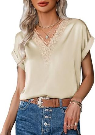 Zeagoo Chemise Femme Satin Chemisier Manches Courtes Col V Longue Blouse Décontracté Top Élégante Shirts Champagne XXL