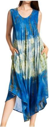 Sakkas 10831 Ombre Floral Tie Dye Robe Fourreau en Rayonne Caftan - Bleu/cr&egrave;me - Taille Unique